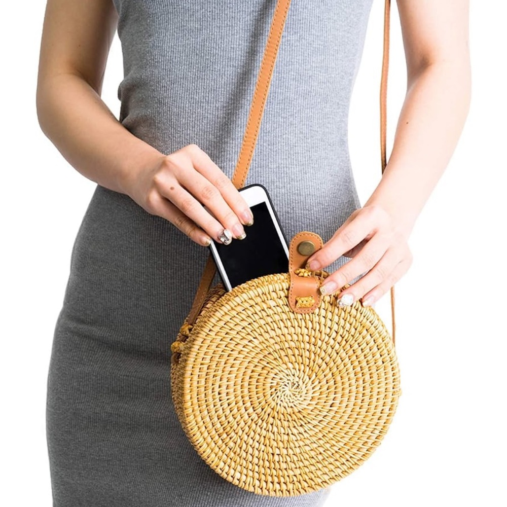 Handwoven Round Rattan Purse - Gem